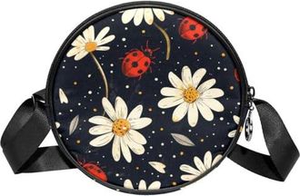 Generic Sac &agrave; bandouli&egrave;re rond pour femme, motif coccinelles, fleurs, petit sac &agrave; bandouli&egrave;re avec fermeture &eacute;clair, bretelles r&eacute;glables, sac &agrave; main rond d&eacute;co