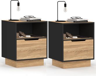 IDMarket 2 Nachttische Oxana 1 Schublade mit Nischenoptik in Buche-Optik und Schwarz