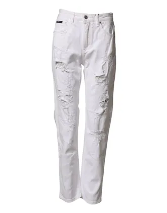 Dolce & Gabbana Womens White Distressed Cotton Boyfriend Denim Jeans Co+02 Clothing