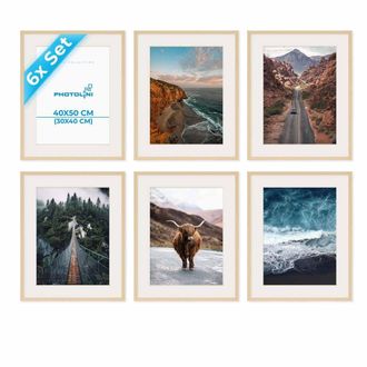 Photolini Bilderrahmen 40x50 Holz MDF Natur, 6er Set Bilderrahmen 50x40 mit Passepartout, bruchsicheres Acrylglas, Rahmen 40x50 zum Aufhängen mit Zubehör - pict