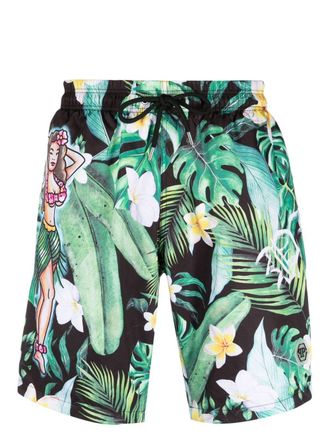 Philipp Plein Badeshorts mit Blumen-Print - Gr&uuml;n