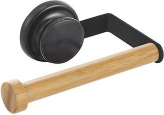 MSV Toilettenpapierhalter zur Wandmontage, Mega-Saugnapf, Bambus und schwarzer Stahl