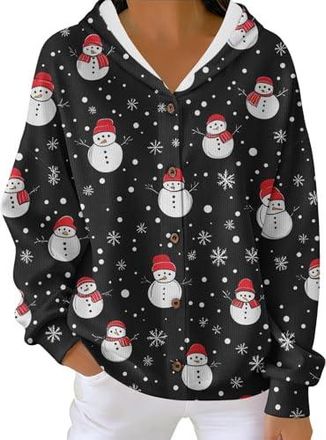 Generic Sweat à capuche de Noël pour femme avec boutons et col en V - Cardigan à manches longues - Imprimé amusant - Pull à capuche décontracté pour les vacan