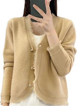 Generic Pull en laine &agrave; col en V pour femme - Cardigan &eacute;l&eacute;gant en tricot - Manteau court &agrave; manches longues, kaki, Taille XL