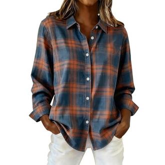 Generic Chemise d&eacute;contract&eacute;e pour femme - Couleur contrast&eacute;e - Automne et hiver - Imprim&eacute; &agrave; carreaux - Chemisier &agrave; carreaux pour femme, bleu, 3XL