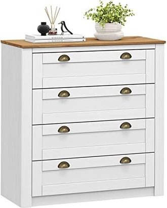 IDIMEX Commode Chambre Bolton L 91 cm en Bois Massif, Blanc et Brun avec 4 Grands tiroirs et poignées Coquille, Meuble de Rangement lasuré Adulte Style Maiso