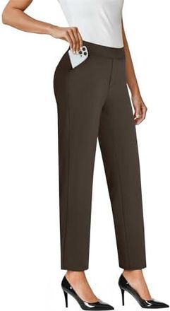 Generic Pantalon de travail taille haute pour femme - Extensible - Jambe droite - D&eacute;contract&eacute; - Pantalon de golf 7/8, marron, XXL