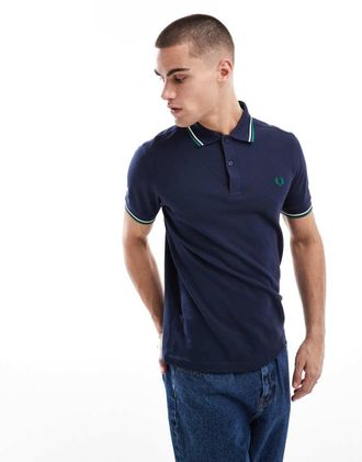 Fred Perry Polo &agrave; liser&eacute; double - Bleu marine