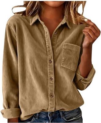 Generic Chemises en velours c&ocirc;tel&eacute; pour femmes &agrave; manches longues avec col boutonn&eacute;, amples, style boyfriend, vestes, chemises avec poche, kaki, 3XL