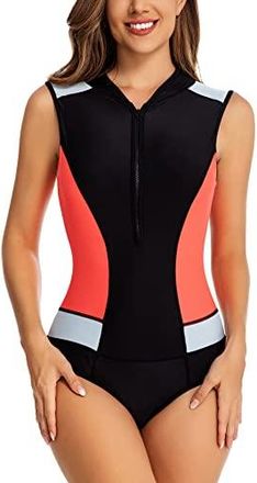 Feoya Maillot de Bain Femme 1 Pièce sans Manches Élégant Imprimé Maillot Rashguard avec Fermeture Eclair Avant Combinaison de Natation Monokini Body Couleur