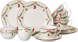Ritzenhoff & Breker Holly Kaffeeservice 14-teilig f&uuml;r 4 Personen - Weihnachtsgeschirr aus Porzellan im Retro-Design - sp&uuml;lmaschinenfest & mikrowellengeeignet - Wei&szlig;/Rot/G