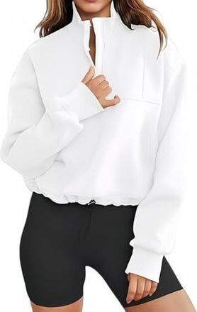 Generic Sweats doux &agrave; demi-fermeture &eacute;clair pour femme, pull court &agrave; manches longues, tenue tendance dautomne 2025 Y2k v&ecirc;tements avec poches, blanc, XXL