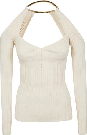 Elisabetta Franchi Femme, Tops, Blanc, Taille: 34 FR Knit Top with Jewel Detail