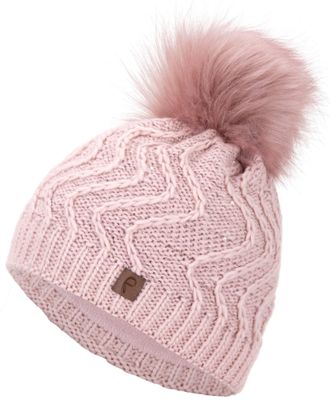 Faera M&uuml;tze Damen Winterm&uuml;tze warm gef&uuml;ttert mit Kunstfell Bommel Bommelm&uuml;tze Fleecefutter Winter Strickm&uuml;tze Beanie, Farbe:Rose