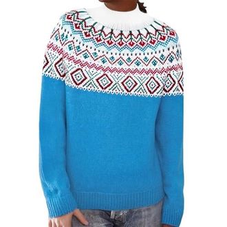 Generic Pull Fairisle pour femme - Grande taille - Pull tendance à manches longues et col rond - En tricot festif - Pour lhiver et les vacances, Bleu ciel, XX