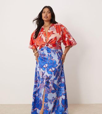 Hope & Ivy Robe kimono longue nouée devant - Rouge et bleu contrastant