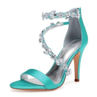 Generic Chaussures Mariée Femmes Aiguille Haut High Ouvert Bout Stylet Sandales Mariage Dress Heels Chaussures 10.5 CM,Blue Green,42 EU