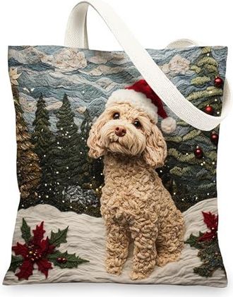 Generic Sac fourre-tout en toile motif chien cockapoo de No&euml;l pour faire du shopping, 33 x 38,1 cm, sac d&eacute;picerie r&eacute;utilisable pour femme, peinture danimaux d