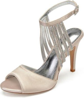 Generic Satin Chaussures De Mariage Sandales &Agrave; Talons Hauts Femmes Mari&eacute;e Bout Ouvert Dress F&ecirc;te Stylet 10.5Cm,Champagne,38 EU