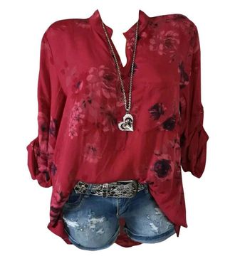 Minetom Damen Vintage Bohemian Blusen Boho Tunika Hippie Blumen Bluse Elegante Oberteile Tops Langarm Shirt 001 Rot 48