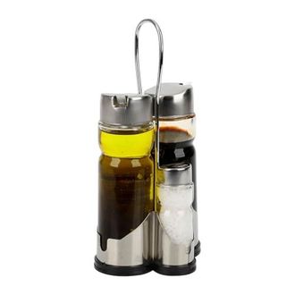 Equinox 503057 Ensemble Huile / Vinaigre / Sel / Poivre en Verre Inox avec Support M&eacute;tal