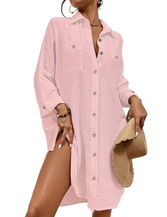Bsubseach Sommer Strandkeid für Frauen Button Down Strand Shirt Kleid Badeanzug Cover Up V-Ausschnitt Strandponcho Bademode Resort Wear Rosa XL