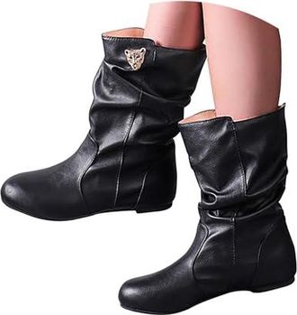Generic Bottines pour femme en cuir souple fronc&eacute; &agrave; talon bas d&eacute;contract&eacute; confortable pour lhiver et lautomne Bottes courtes &agrave; bout rond pour sortir, randonn&eacute;