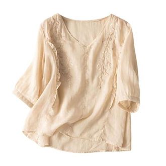 Generic Chemise en lin &agrave; manches 3/4 pour femme - Col en V - Broderie florale - Tunique r&eacute;tro - T-shirt jacquard l&eacute;ger et fluide - Chemisier boh&egrave;me, beige, 3X