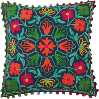 Guru Shop Boho Kissenh&uuml;lle, Farbenfrohes Besticktes Folklore Kissen im Mexikanischem Style - Taubenblau/orange, Baumwolle, 40x40x0 cm
