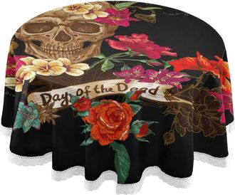 Mnsruu 152,4 cm runde Tischdecke mit Totenkopf-Motiv, dekorative Spitze, Makramee für Buffet-Tisch, Party, Urlaub, Abendessen