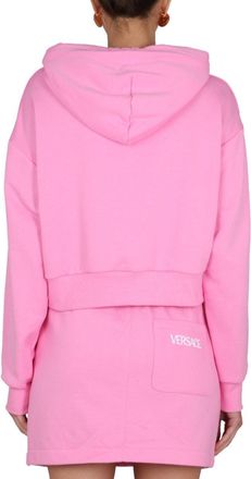 Versace Cropped Logo Drawstring Hoodie Sweatshirt - Pink