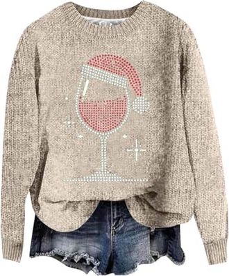 Generico Pulls de Noël amusants pour femme, pulls longs en tricot pour femme, pulls dhiver à col rond, sweatshirts amples, hauts à manches longues, chaud et él