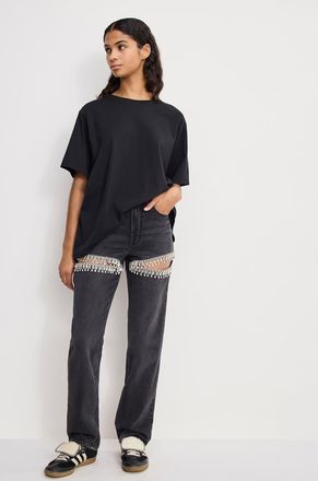 Good American Good Icon - Jean droit ornement&eacute; - Noir d&eacute;lav&eacute;