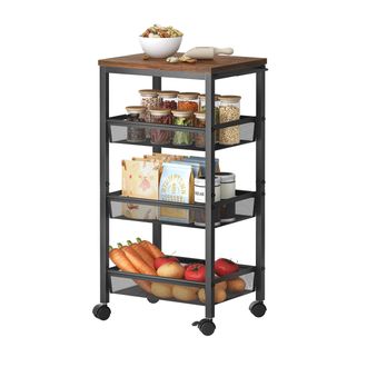 Relaxdays Nischenwagen, HxBxT: 77x22x45 cm, schmales Nischenregal Bad & K&uuml;che, 4 Ebenen, Rollregal Metall, braun/schwarz