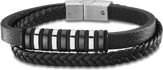 Lotus Armband f&uuml;r Damen aus Edelstahl und Leder in der Farbe Silber und Schwarz, Durchmesser 22 cm, LS2102-2/1