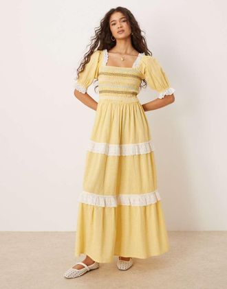 Neon Rose Midaxi-Kleid in Gelb mit Puffärmeln und Vichy-Karo