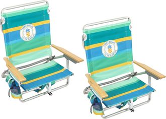 Tommy Bahama Klassischer Flacher Rucksack-Kühler und Getränkehalter mit 5 Positionen, tragbarer Faltbarer Strandstuhl zum Bräunen, 2 Stück, gestreift