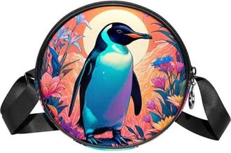 Generic Sac &agrave; bandouli&egrave;re rond pour femme, motif pingouin &agrave; dessin color&eacute;, petit sac &agrave; dos &agrave; bandouli&egrave;re avec fermeture &eacute;clair, bretelles r&eacute;glables, sac &agrave; mai