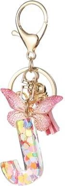 Generic Porte-cl&eacute;s en r&eacute;sine paillet&eacute;e 26 lettres avec papillon pompon porte-cl&eacute;s crochet, J, taille unique