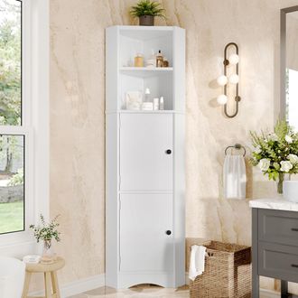 Merax Eckschrank Hochschrank, Dreieckiger Badezimmerschrank, feuchtigkeitsbest&auml;ndiger Lack, Zwei offene Ablagef&auml;cher, Zwei Schrankt&uuml;ren, verstellbare Trennw