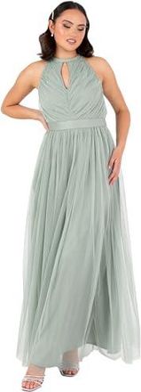 Anaya with Love Womens Maxi Dress Ladies Sleeveless Halterneck Keyhole Sash Tie Belt Tulle A-Line Bridesmaid Wedding Guest Prom Evening, Frosty Green, 42