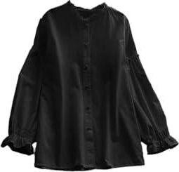 Generic Chemise r&eacute;tro &agrave; volants pour femme, couleur unie, style d&eacute;contract&eacute;, &agrave; manches longues, taille boutonn&eacute;e, Noir, XXL