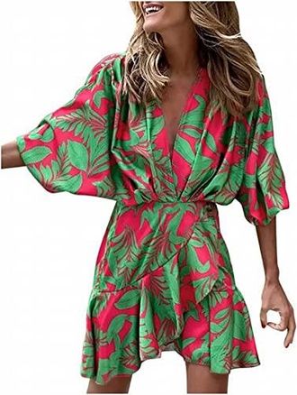 Generic 2026 Robes amincissantes pour femmes Floral irr&eacute;gulier ourlet robe &eacute;l&eacute;gante mince manches chauve-souris fleur en mousseline, Vert, XXL