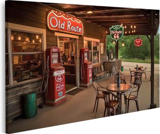 Islandburner Bild auf Leinwand Nostalgische Route 66 Tankstelle mit Neonlichtern f&uuml;r Wohnzimmer Autofans Imbiss Bilder Wandbilder Poster