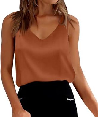 Generic D&eacute;bardeurs en satin pour femme avec col en V et sans manches - Camisole d&eacute;t&eacute; basique - Haut de travail, A Safran, XS