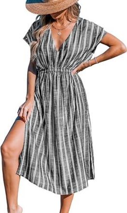 Cupshe Cache-maillot de bain mi-long à rayures avec col en V et manches courtes pour femme XS-XXL, noir/rayures, Taille XL