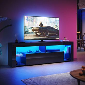 Sonni TV Schrank mit LED-Lichtern, Offenes Glasregal und Griffloses Design herunterklappbarem T&uuml;rfach, Stand TV Board Hochglanz, Schwarz, 1600 x 350