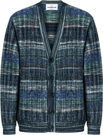 Missoni Homme, Pulls, Bleu, Taille: XL Cardigan en m&eacute;lange de laine &agrave; carreaux avec poches lat&eacute;rales