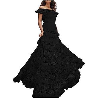 Generic Robe Femme Chic Et Elegant Robe de Soirée Robe Longue en Dentelle Ajourée À Volants Et Épaules Dénudées pour Femme Robe Cocktail Robe de Bal