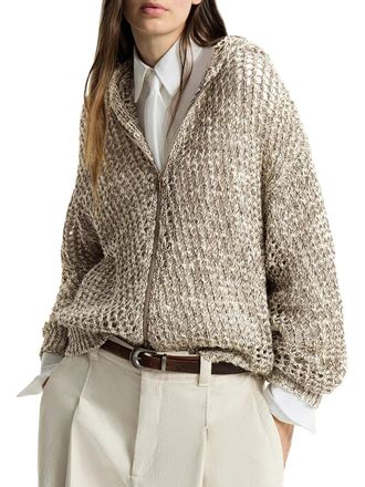 Brunello Cucinelli Net-Knit Hooded Cardigan - Beige